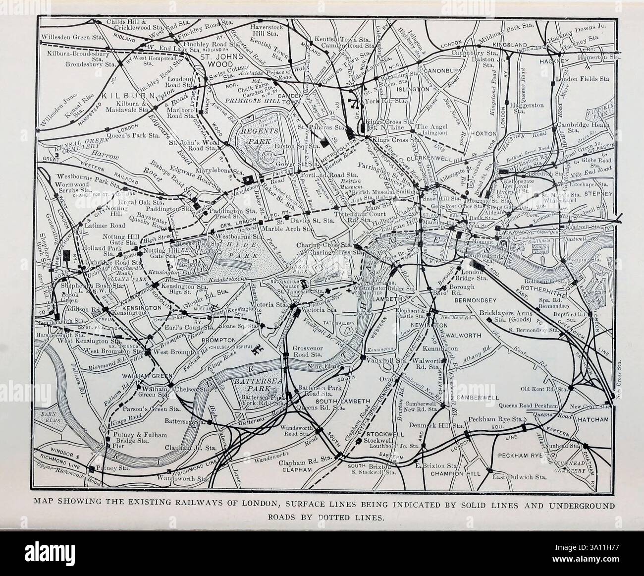 Map showing the existing surface and underground railways of London from the Article THE RAPID ...