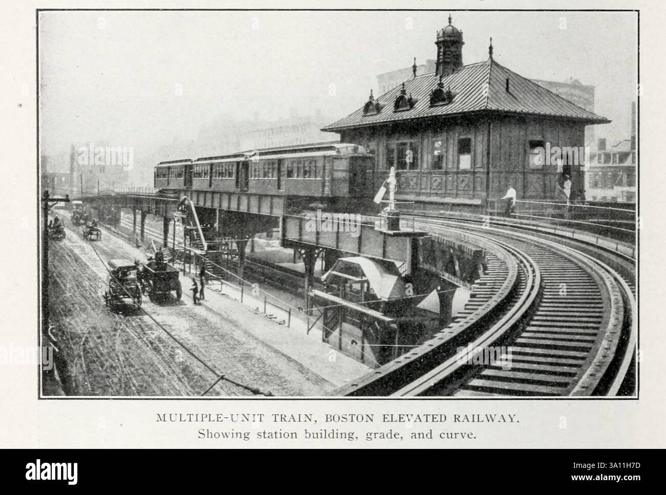 MULTIPLE-UNIT TRAIN, Boston ELEVATED RAILWAY Showing station building ...