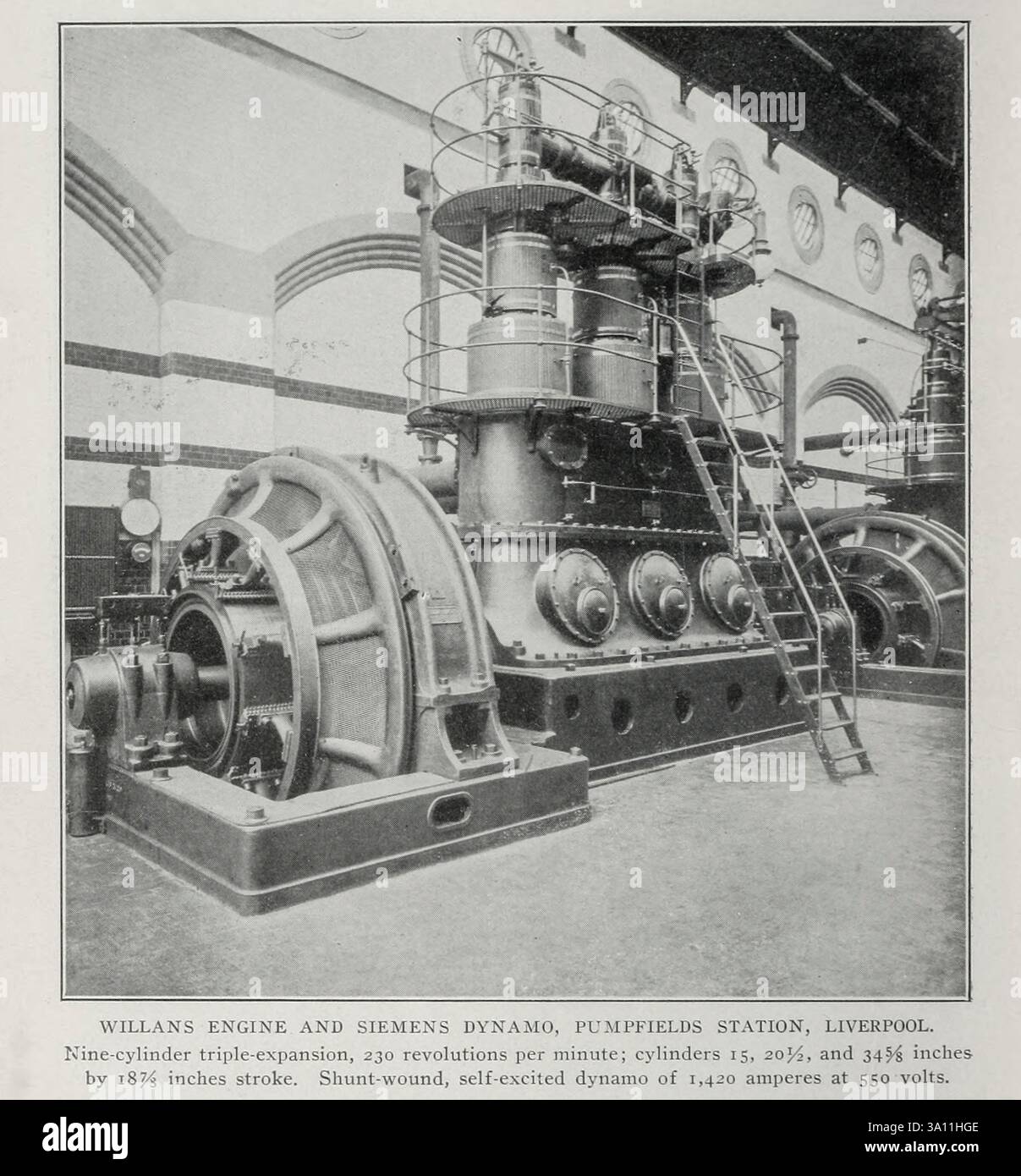 WILLANS ENGINE AND SIEMENS DYNAMO, PUMPFIELDS STATION, LIVERPOOL. Nine-cylinder triple-expansion ...