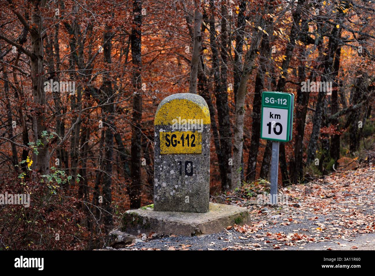 Old milestone next modern traffic signal in the mountain pass of La ...