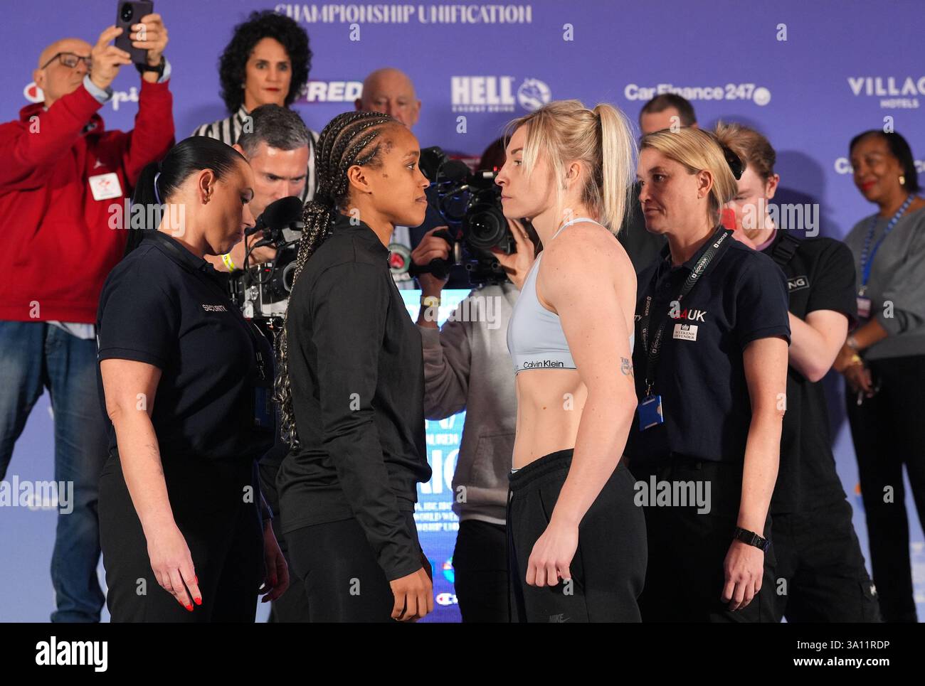 Natasha Jonas (left) and Lauren Price during a weigh in at The ...