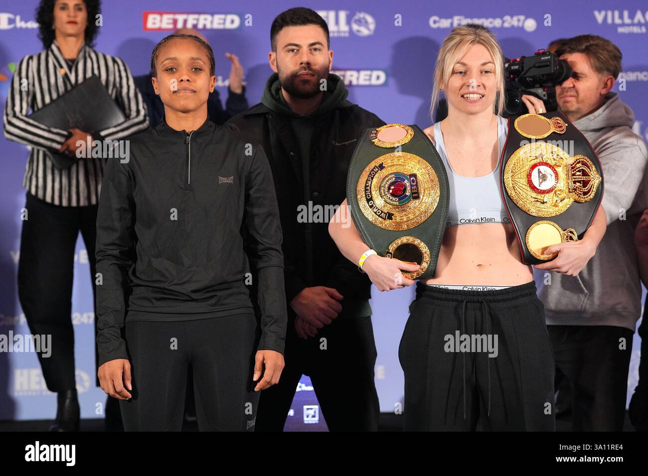 Natasha Jonas (left) and Lauren Price during a weigh in at The ...