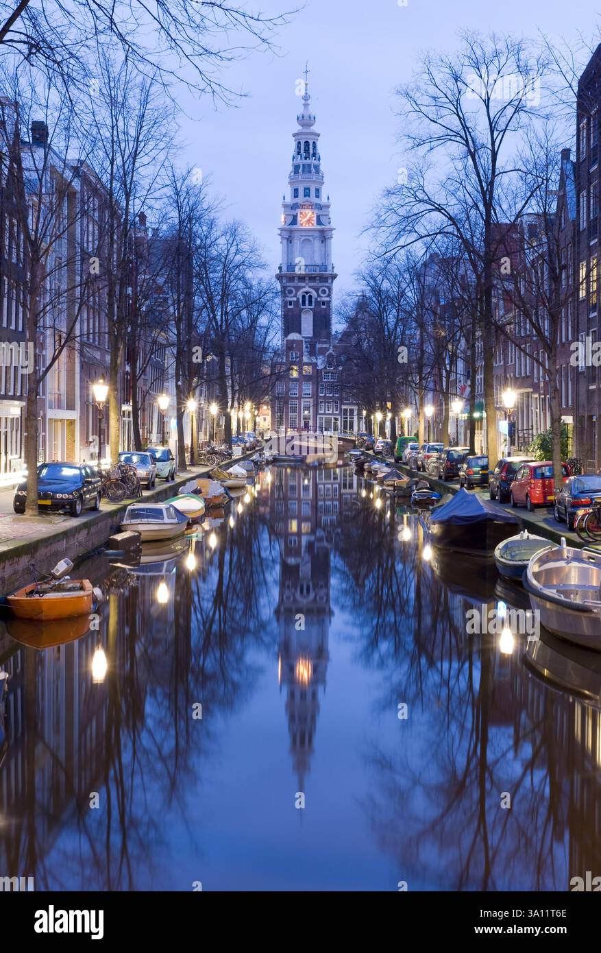Church Zuiderkerk in Amsterdam, The Netherlands and canal Groenburgwal ...