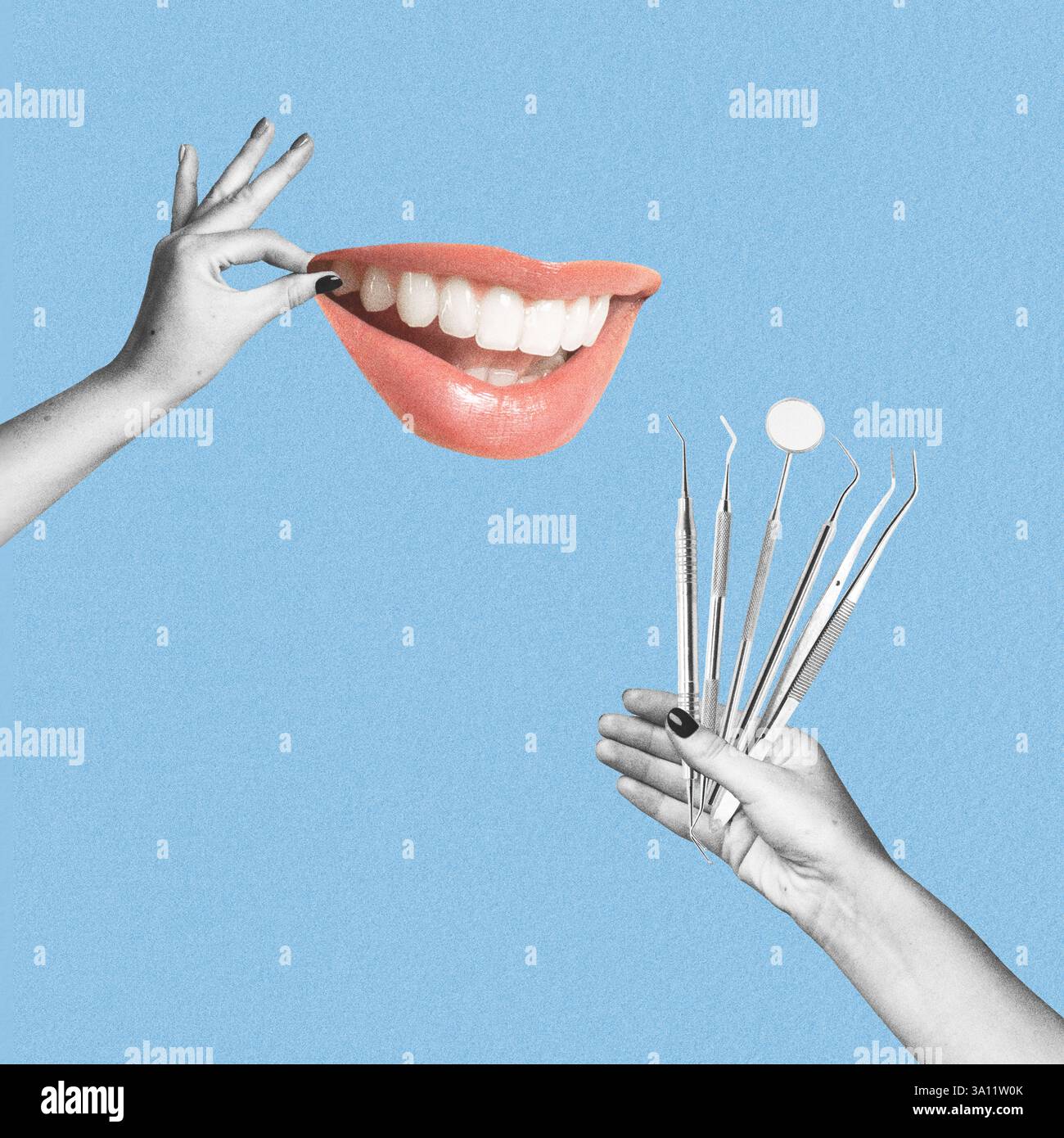 Abstract collage illustration of woman hands holding dentist tools and ...