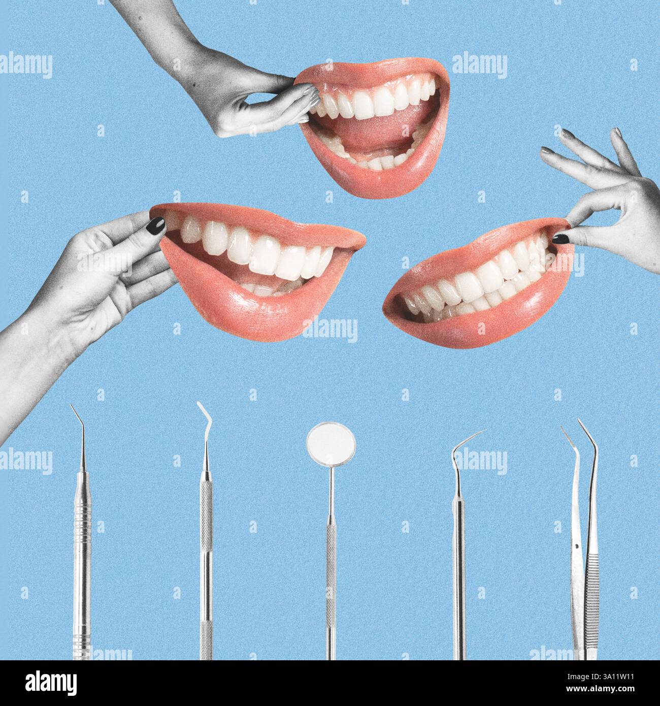 Abstract collage illustration of dentist tools and woman hands holding ...