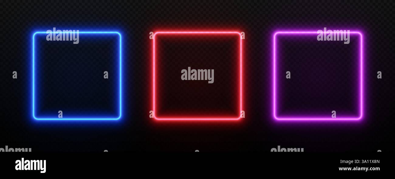 Light neon square frame. Glow led box border. Set of vector laser ...