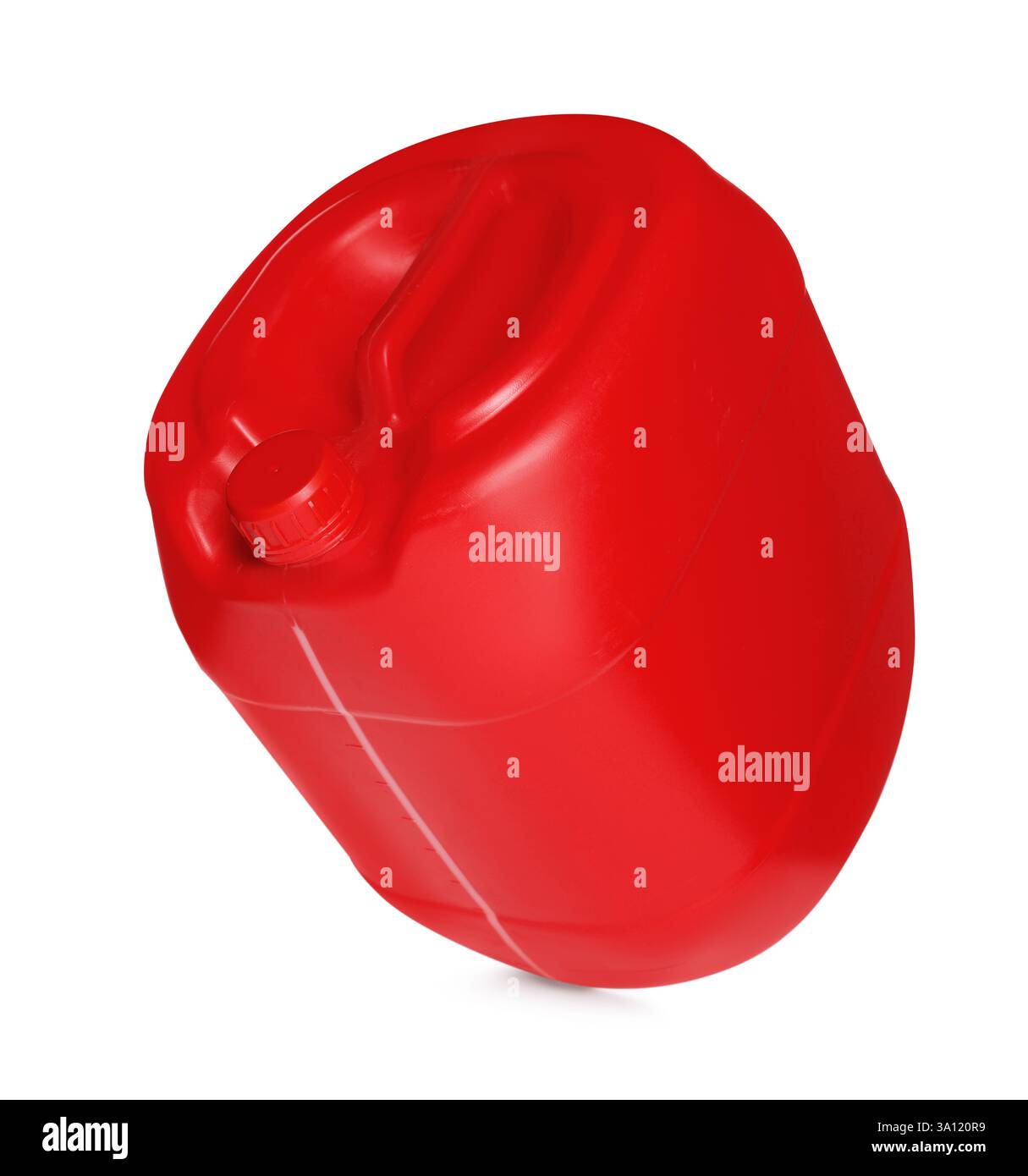 One red plastic canister in air on white background Stock Photo - Alamy