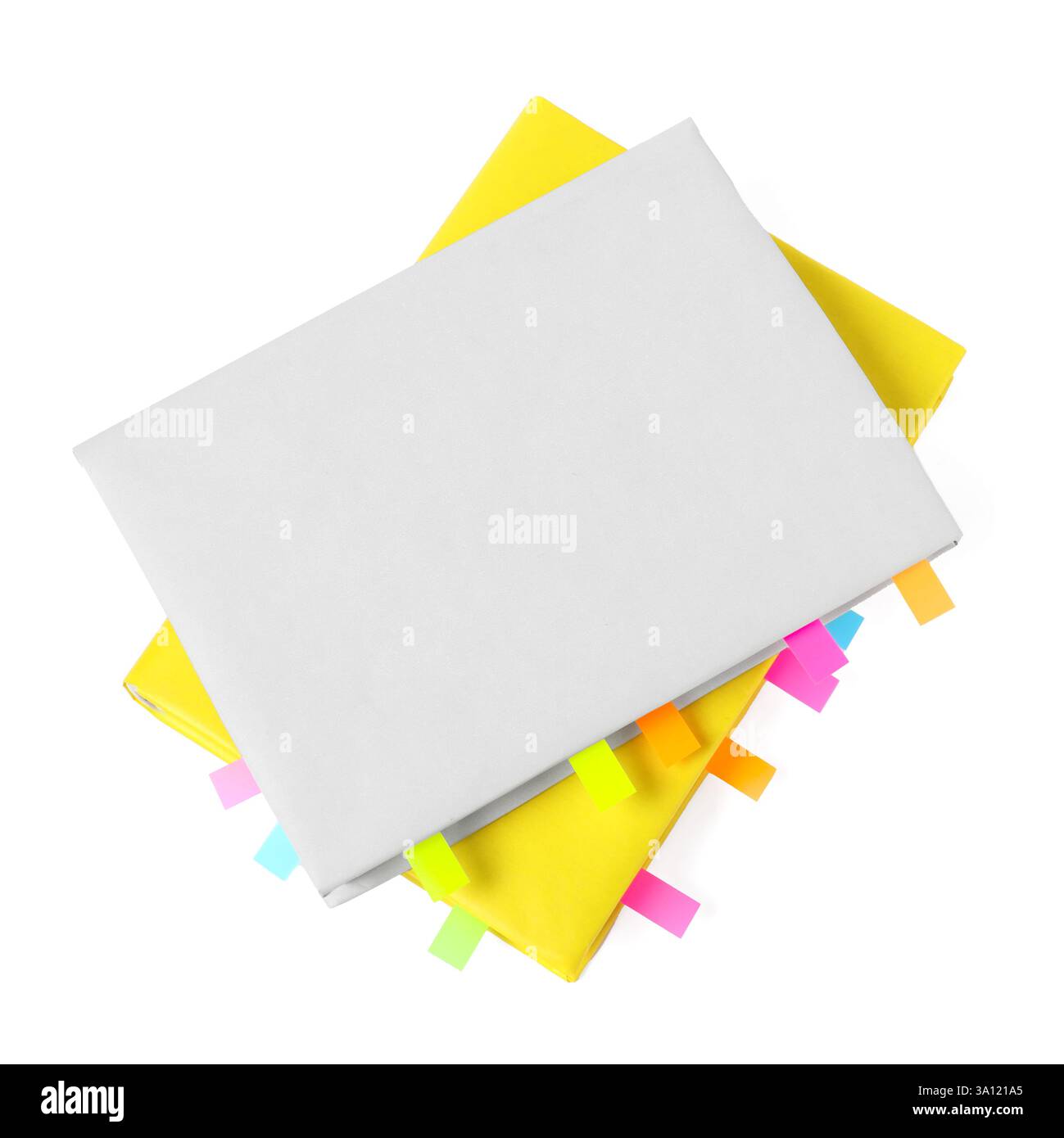 Books with colorful tabs isolated on white, top view Stock Photo - Alamy