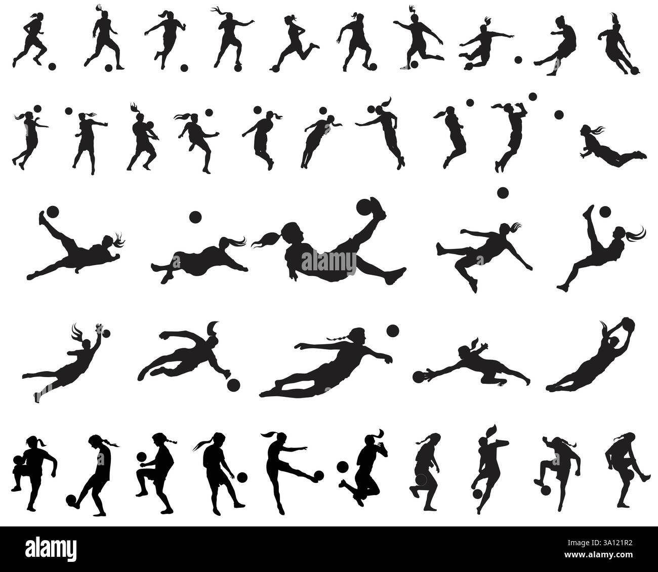A set of 40 female soccer football player silhouettes cutout outlines ...