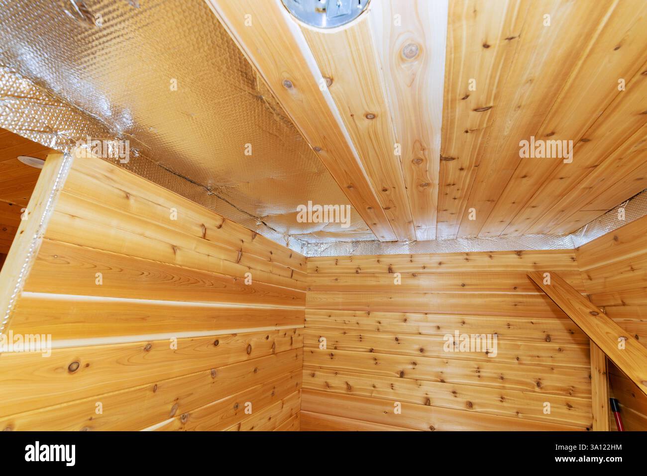 Interior of during renovation wooden sauna features smooth wooden ...