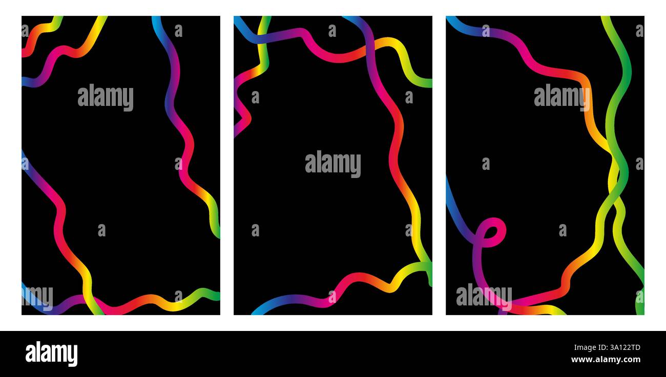 Set of abstract rainbow gradient doodles wavy lines on black background. Modern digital art ...