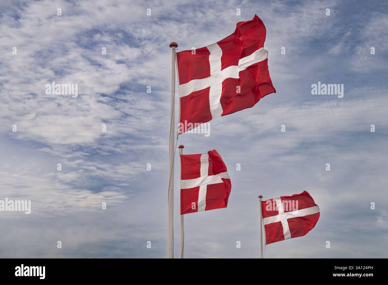 Three Danish flags waving against a vivid blue sky adorned with ...