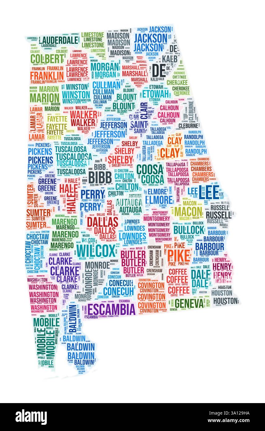 Alabama county word cloud. State shape design. Alabama colored ...