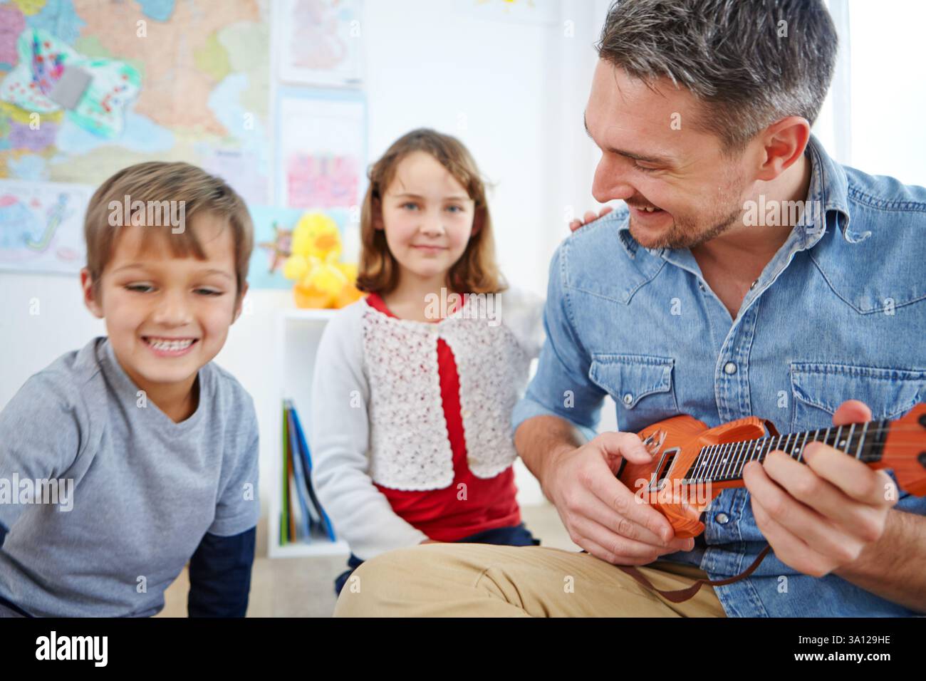 Home, father and children with guitar for playing, sound track and ...