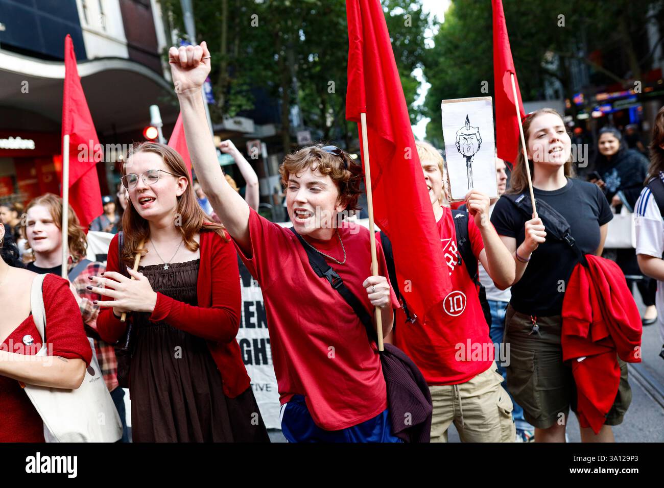 Protesters hold flags and raise their fists in solidarity during the ...