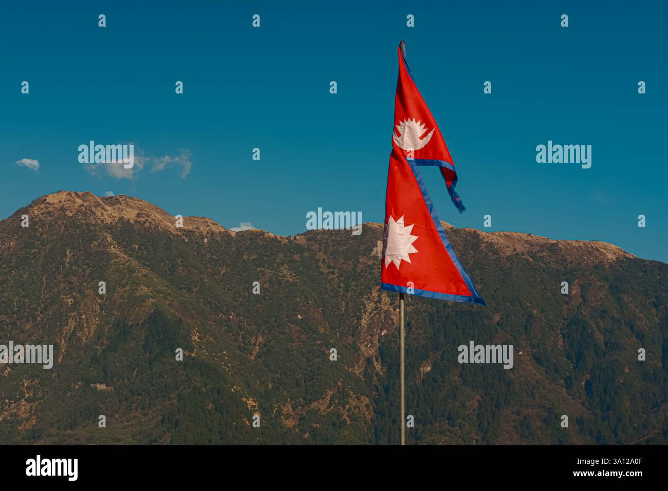 Nepal flag against green hills and blue sky with copy space Stock Photo ...