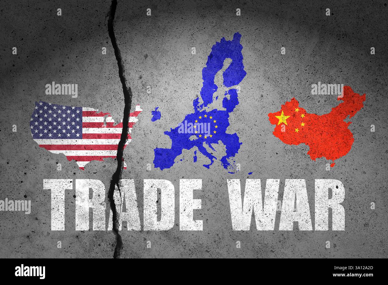Flag map of US, EU and China painted on cracked wall. China, Europe ...