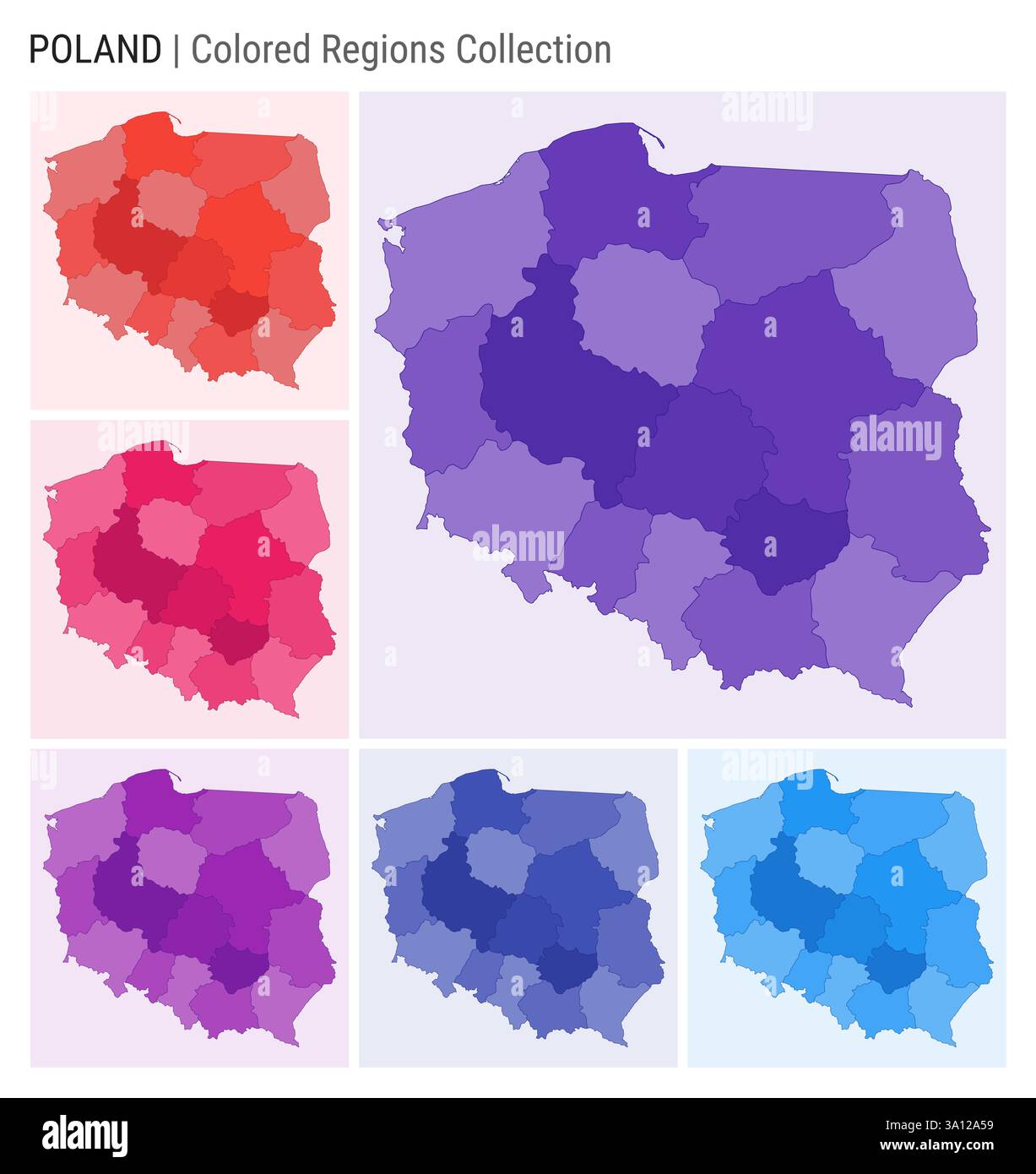 Poland map collection. Country shape with colored regions. Deep Purple ...