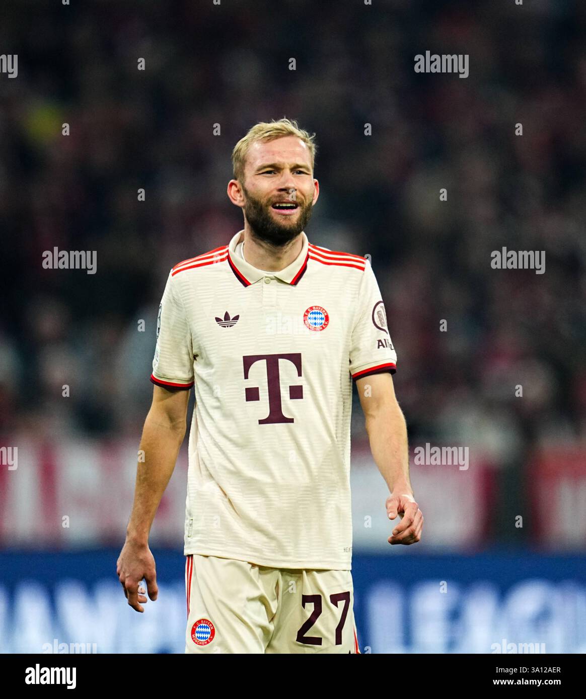 March 05 2025: Konrad Laimer of Bayern Munich looks on during a ...