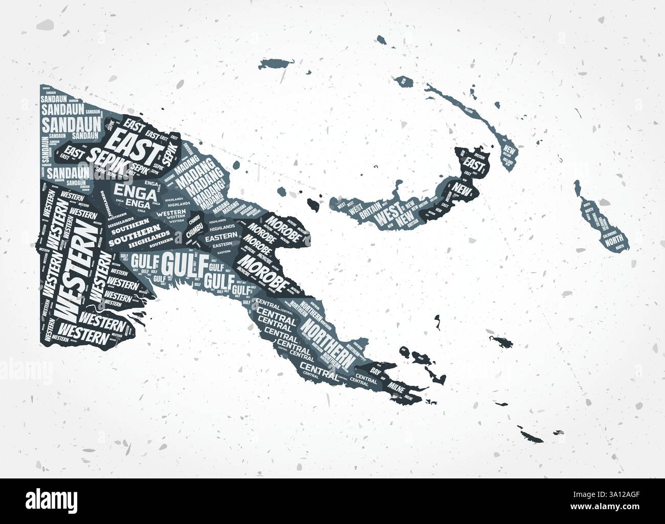 Papua New Guinea regions word clouds. Country shape on textured ...