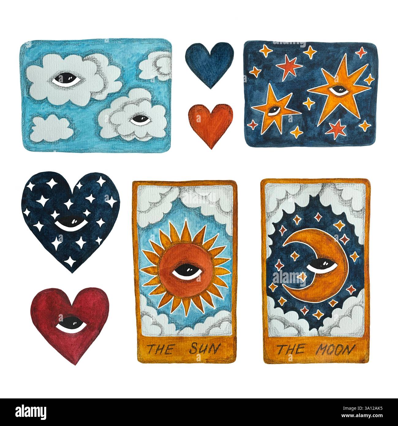 Isolated Set of Hand-Painted Watercolor Tarot-Inspired Art Cards on ...