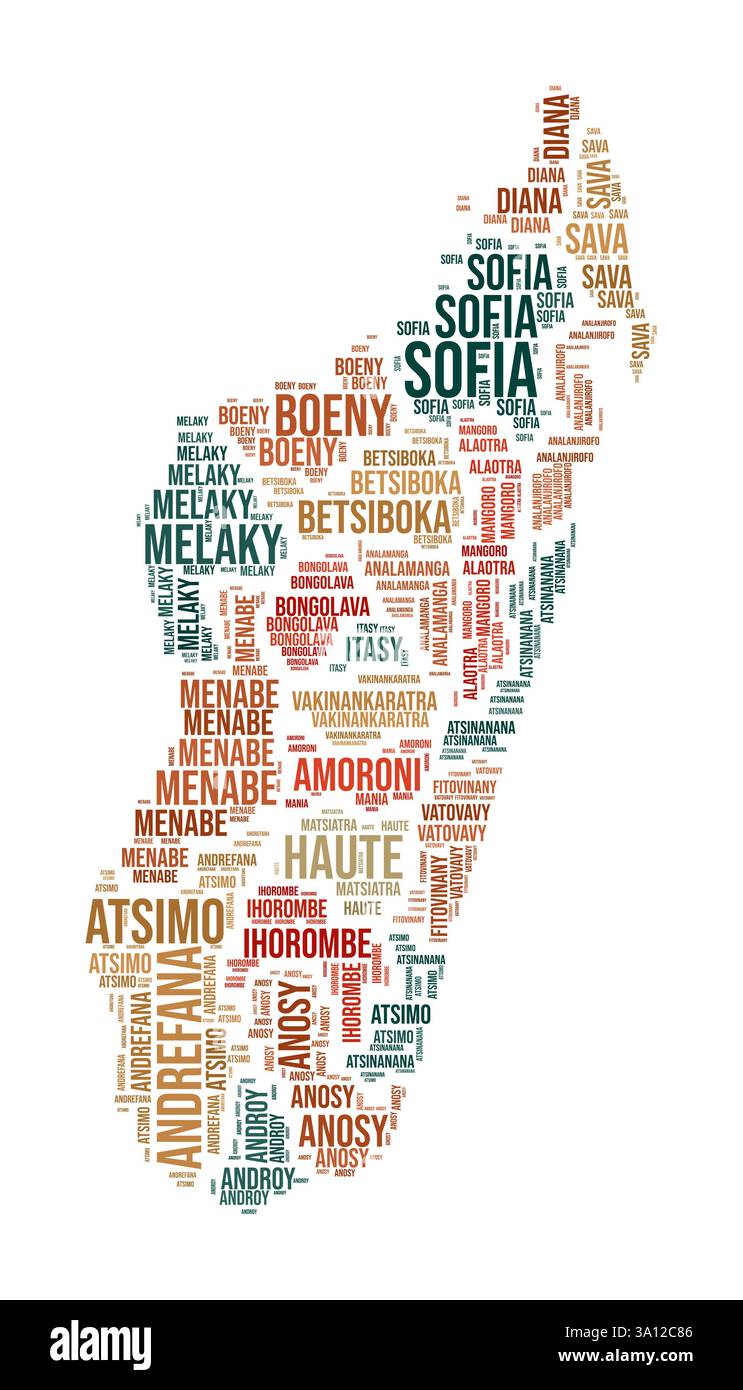 Madagascar Word Cloud. Country shape with region division. Madagascar ...