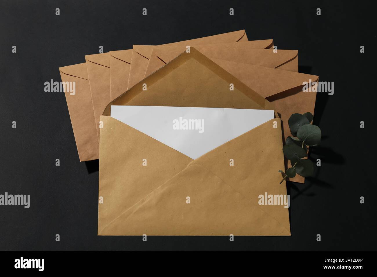 Kraft paper envelopes with letter and eucalyptus branch on black ...