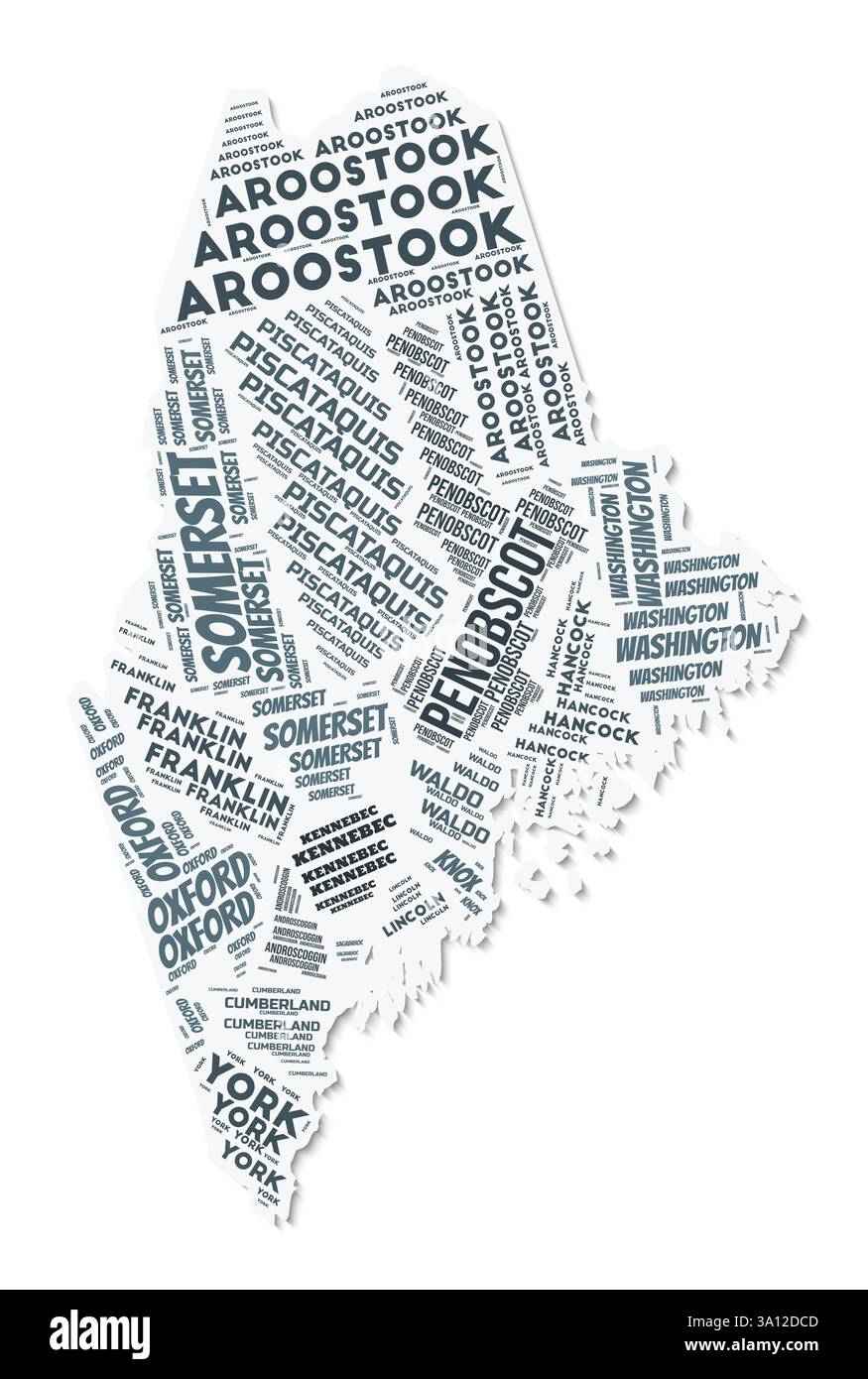 Maine shape text cloud. State border with shadow on white background ...