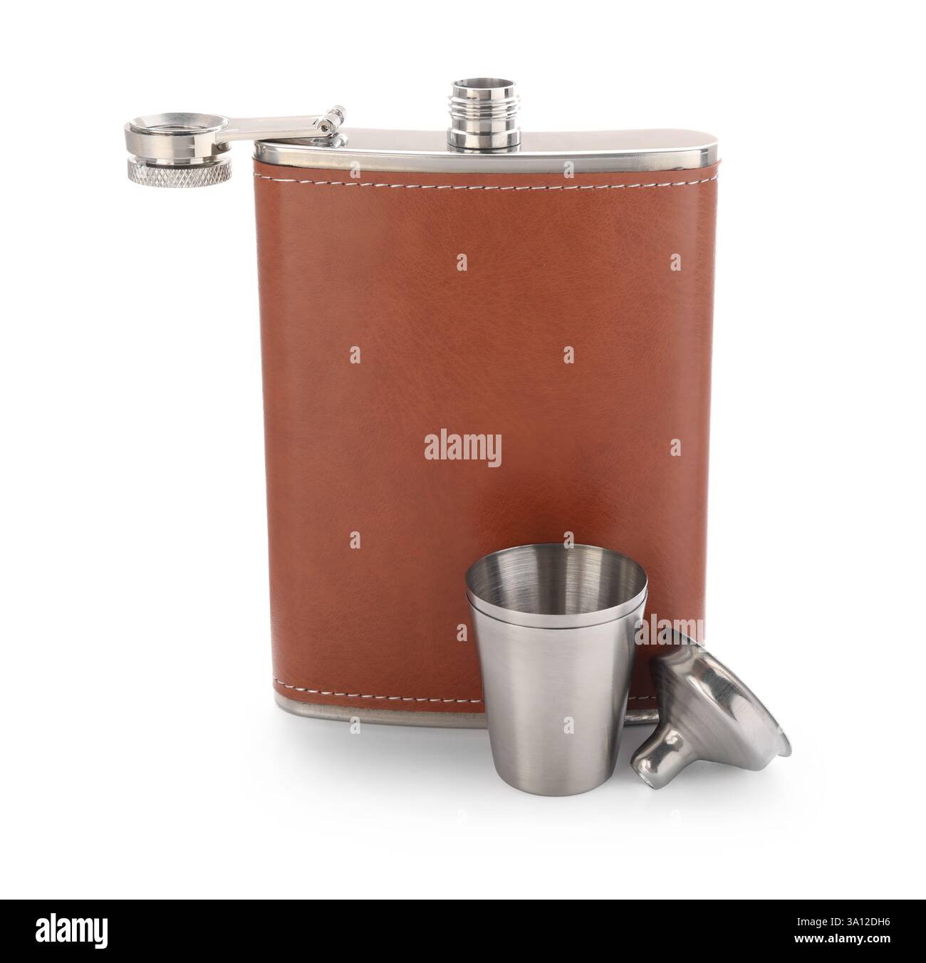 Hip flask, cup and funnel isolated on white Stock Photo - Alamy