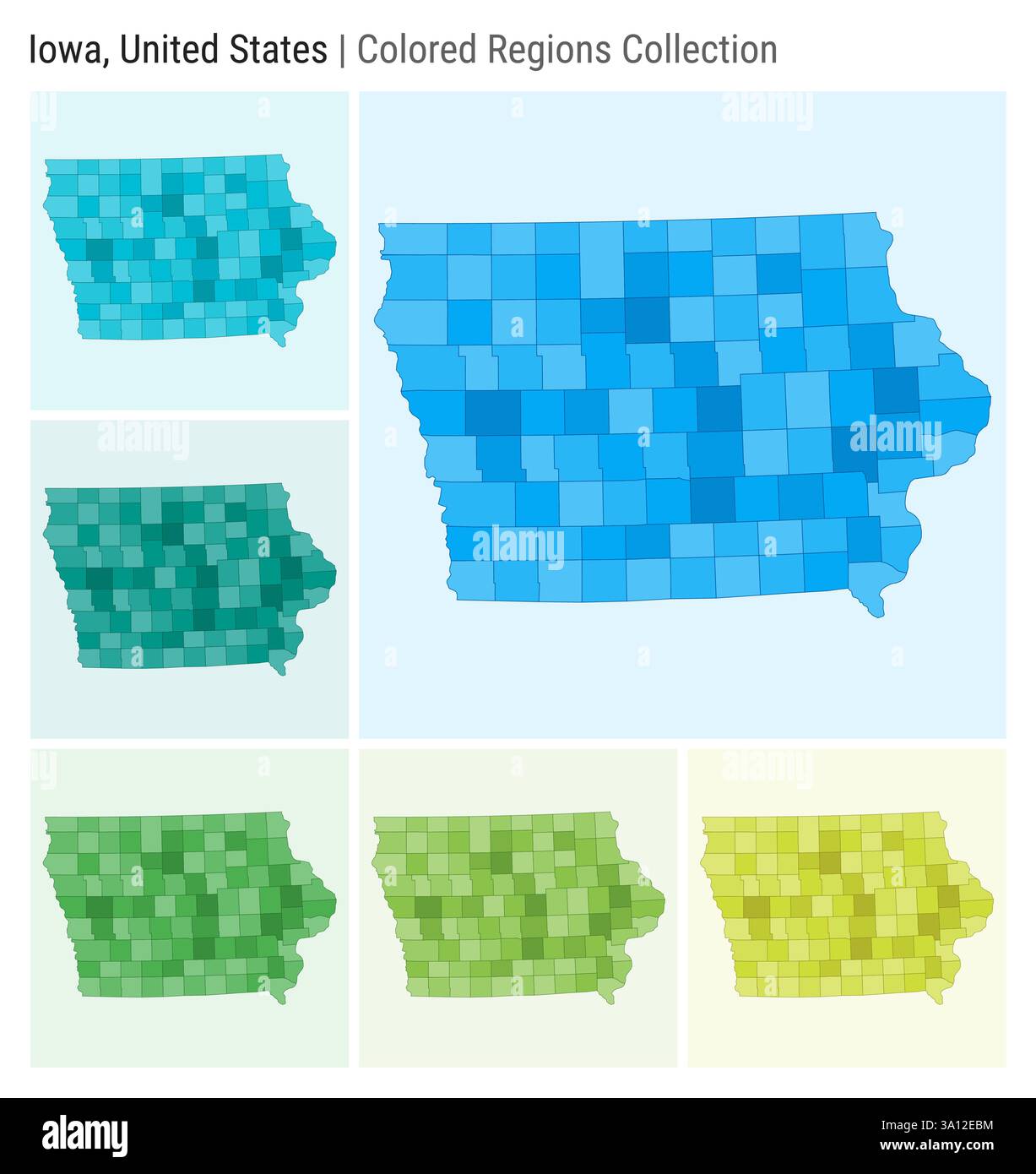 Iowa, United States. Map collection. State shape. Colored counties ...