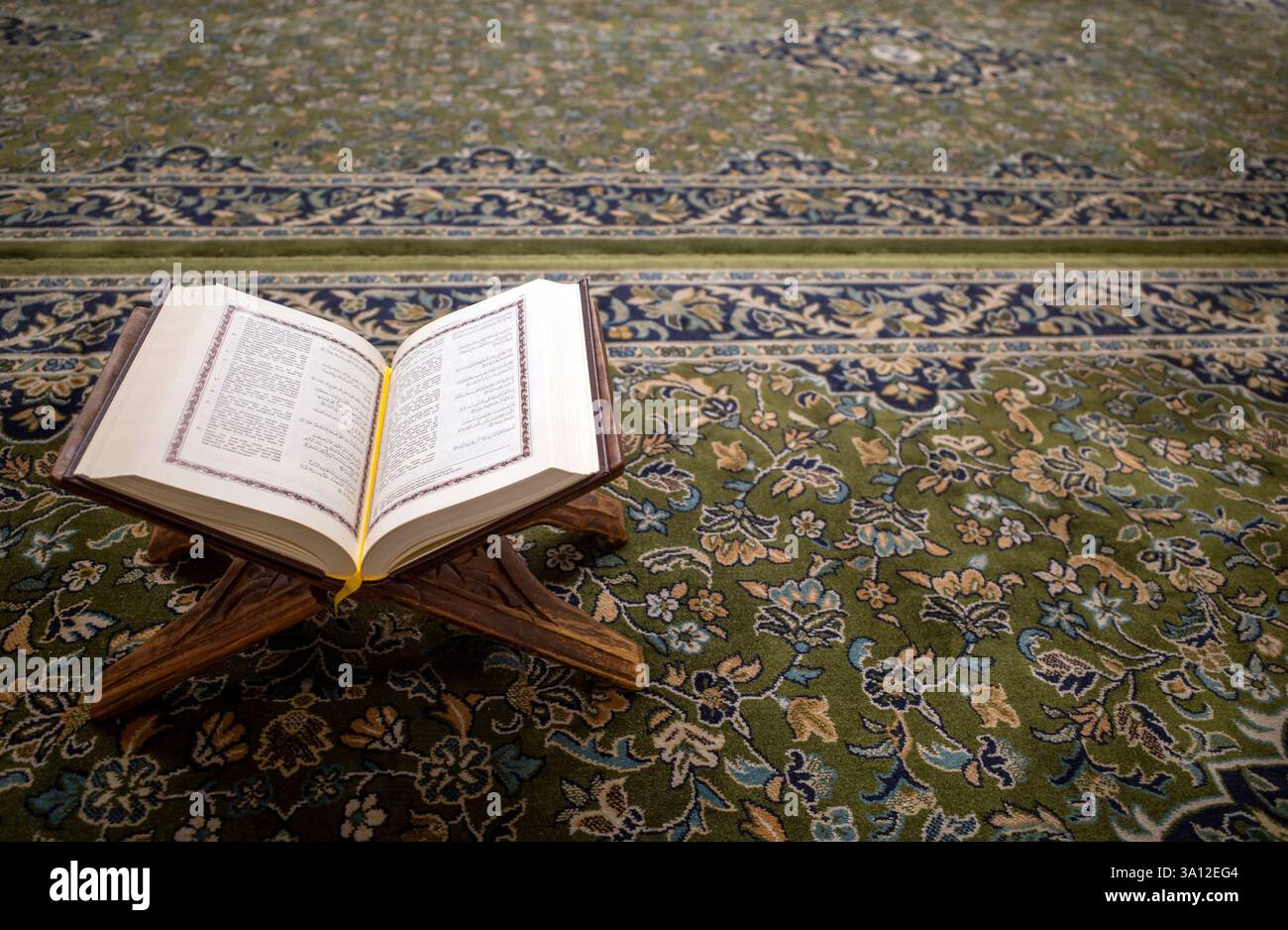 An opened holy book of the Quran on a green carpet at the Prophet ...