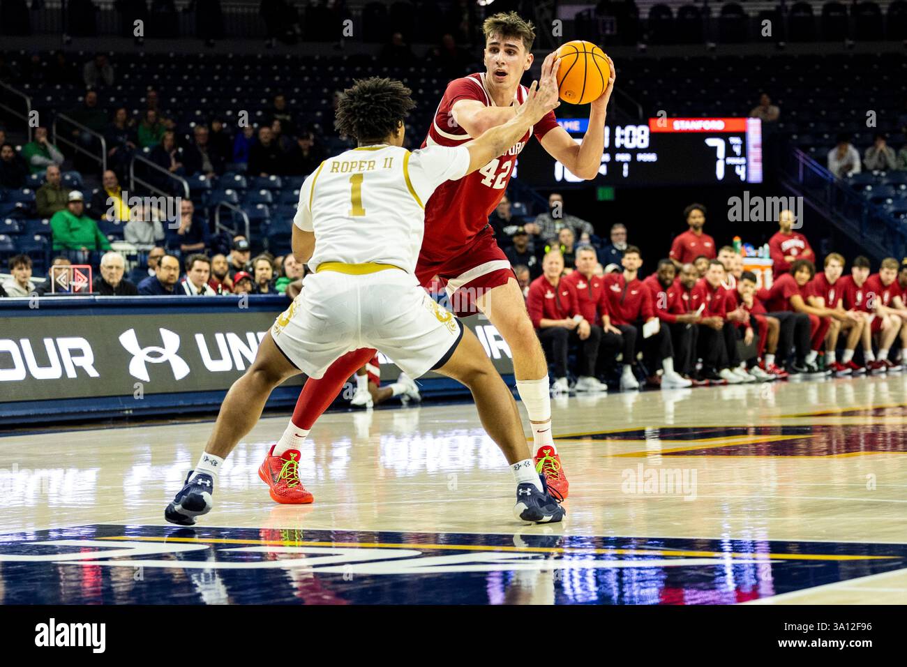 March 05, 2025: Stanford forward Maxime Raynaud (42) looks to pass the ...