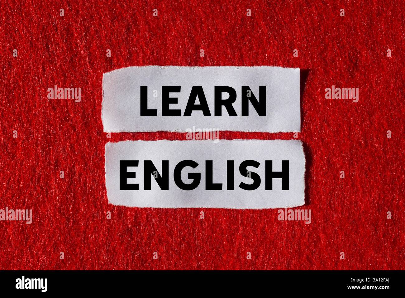 Learn english message written on ripped torn paper pieces on red background. Conceptual learn ...