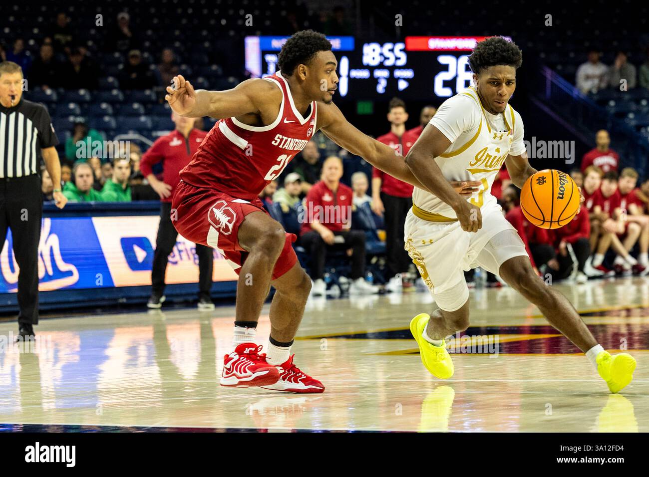 March 05, 2025: Notre Dame guard Markus Burton (3) drives as Stanford ...