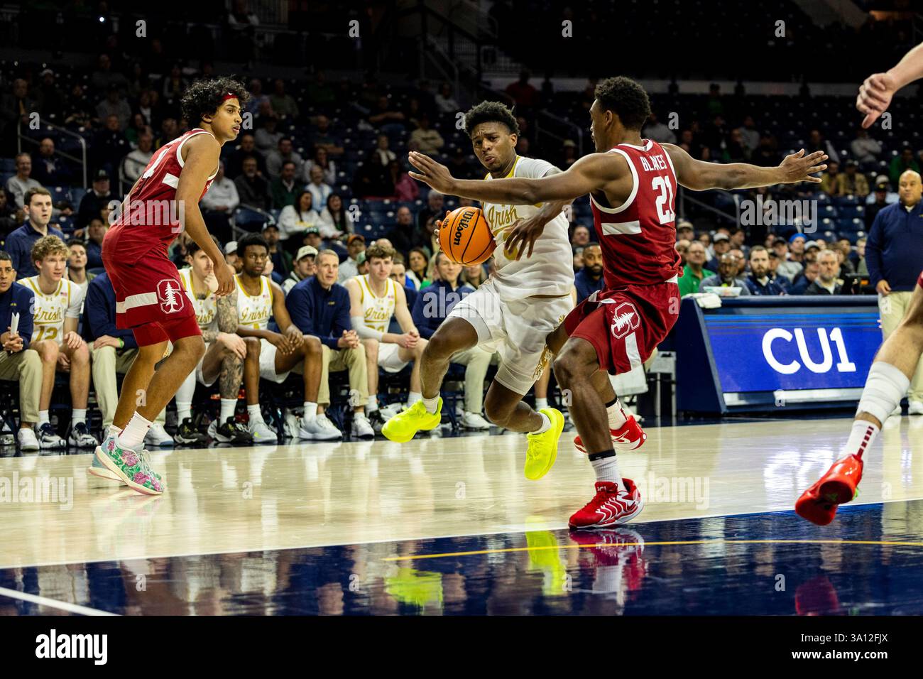 March 05, 2025: Notre Dame guard Markus Burton (3) drives as Stanford ...