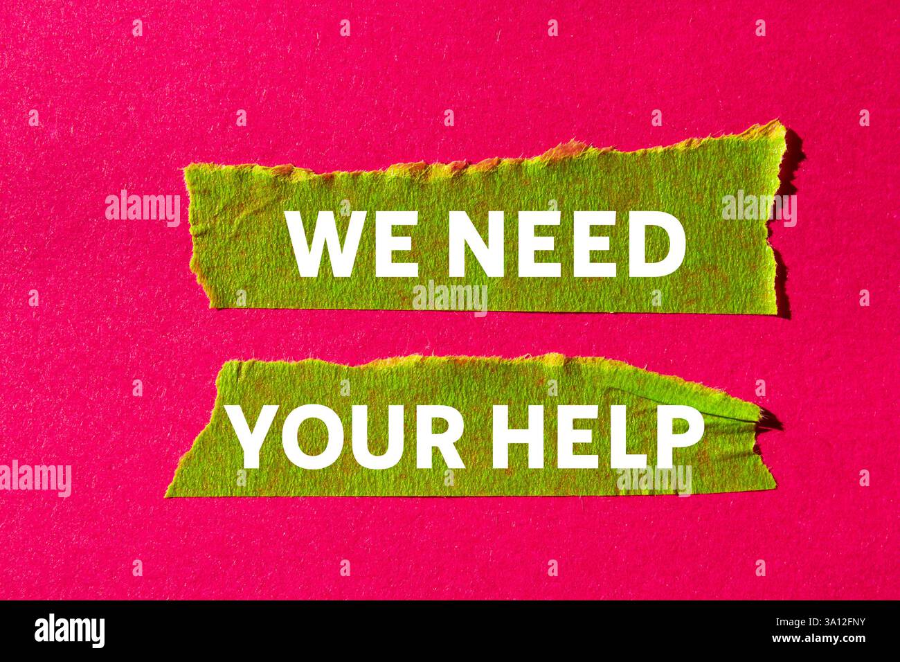 We need your help message written on ripped torn green paper tape on pink background. Conceptual ...
