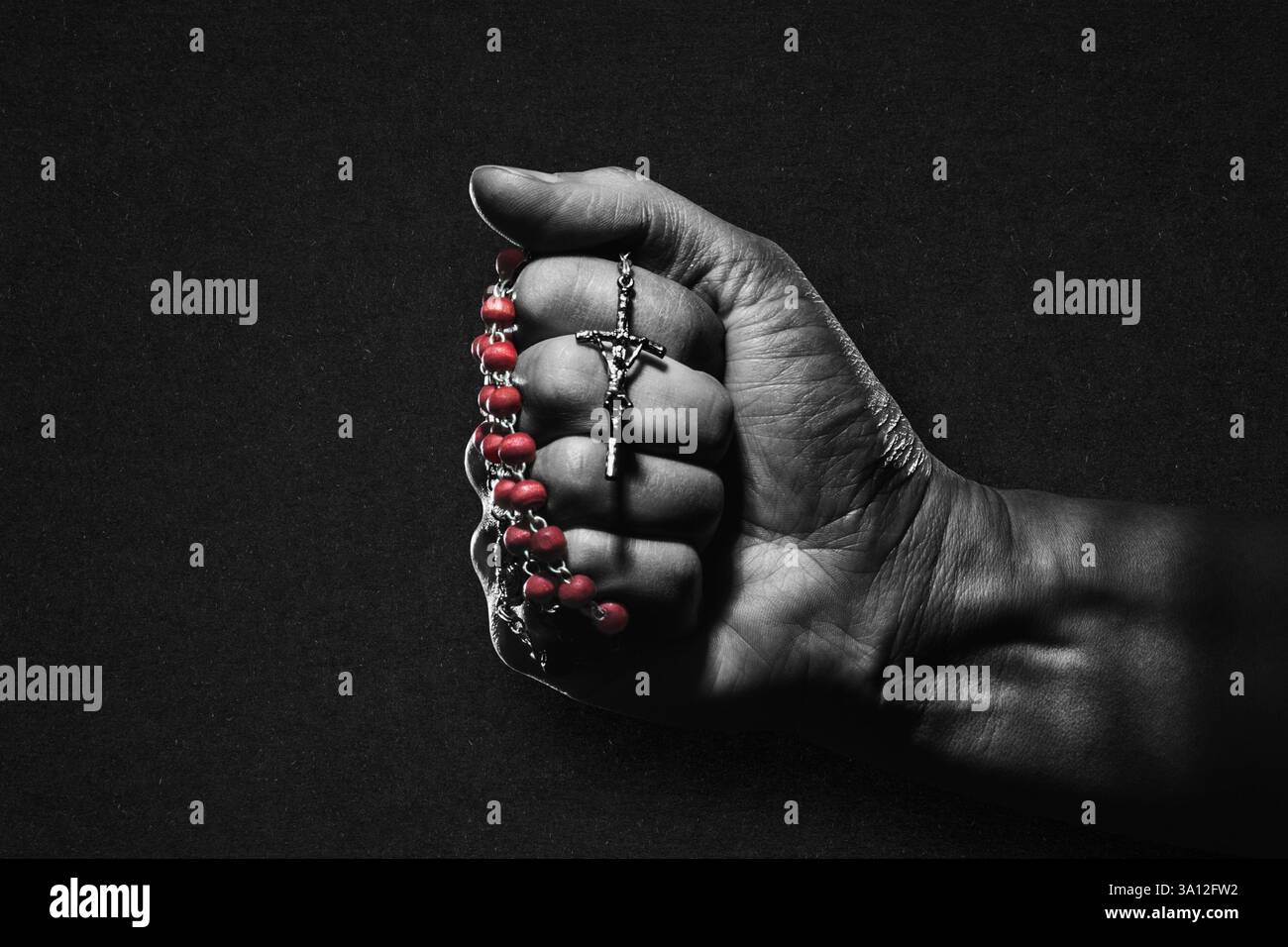 Hand with Rosary and Cross in Black and White, Isolated Color on ...