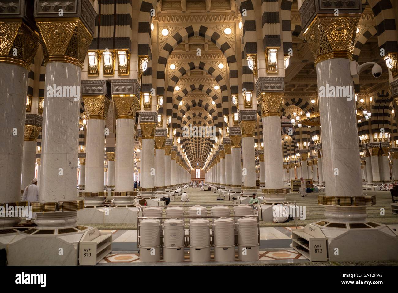 The interior of the Nabawi Mosque, the Prophet Mosque in the city of ...