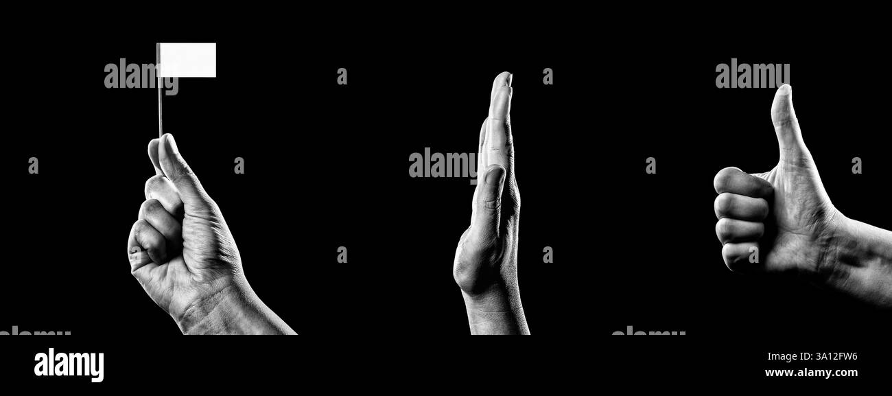 Three Hands Gestures Sign Set Isolated on Black Background Stock Photo ...