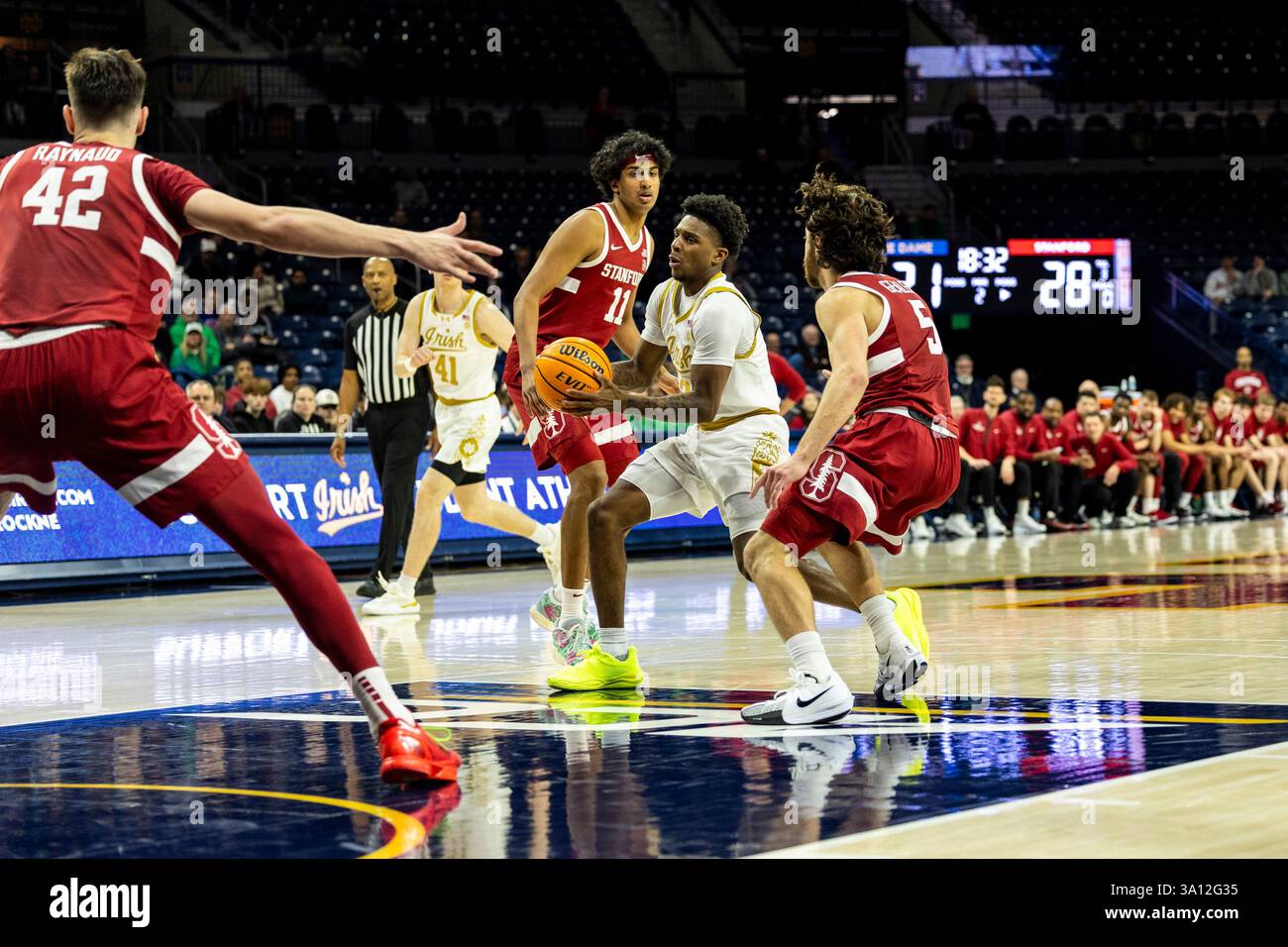 March 05, 2025: Notre Dame guard Markus Burton (3) drives as Stanford ...