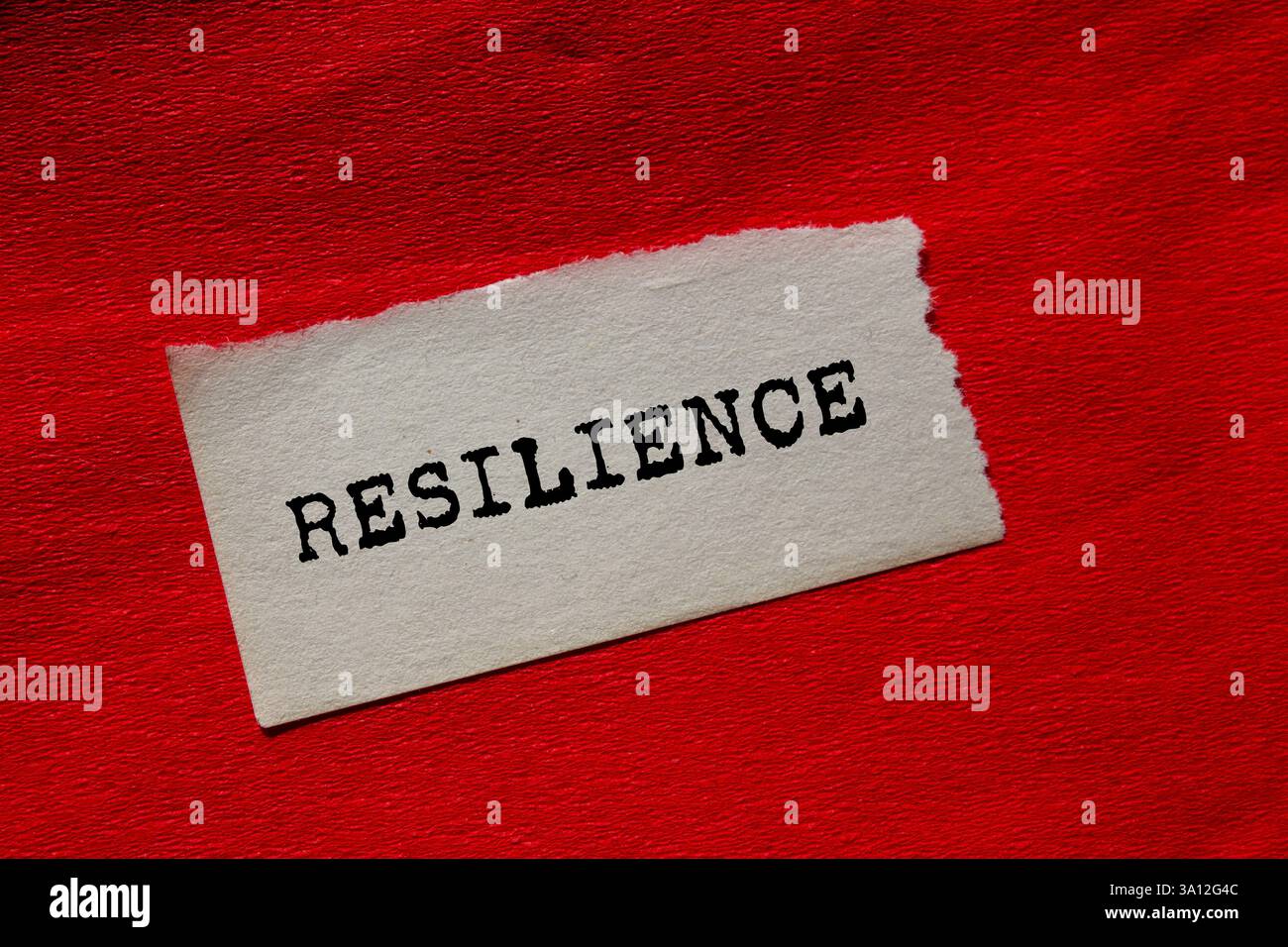 Resilience message written on ripped torn paper piece on red background ...