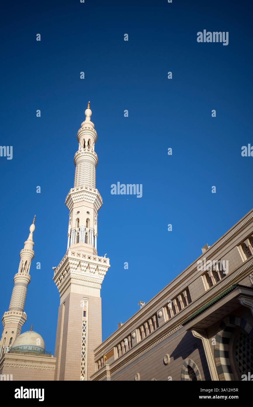 The minarets in Prophet Mosque in Madinah, also known as Masjid Nabawi ...