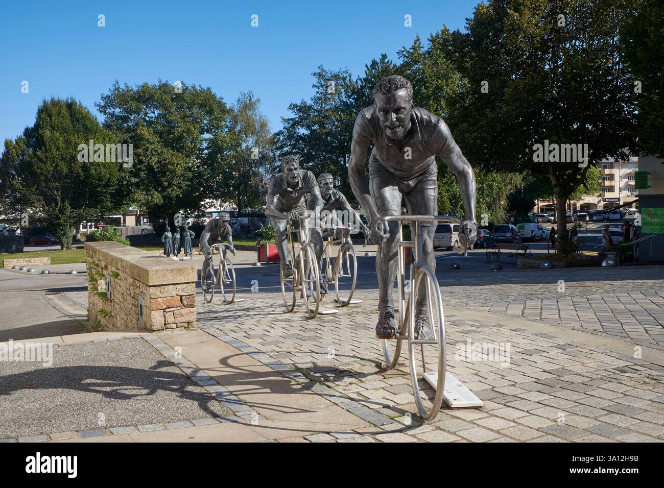 France, Finistère, Carhaix Plouguer, statues of the 4 Breton Cycling ...
