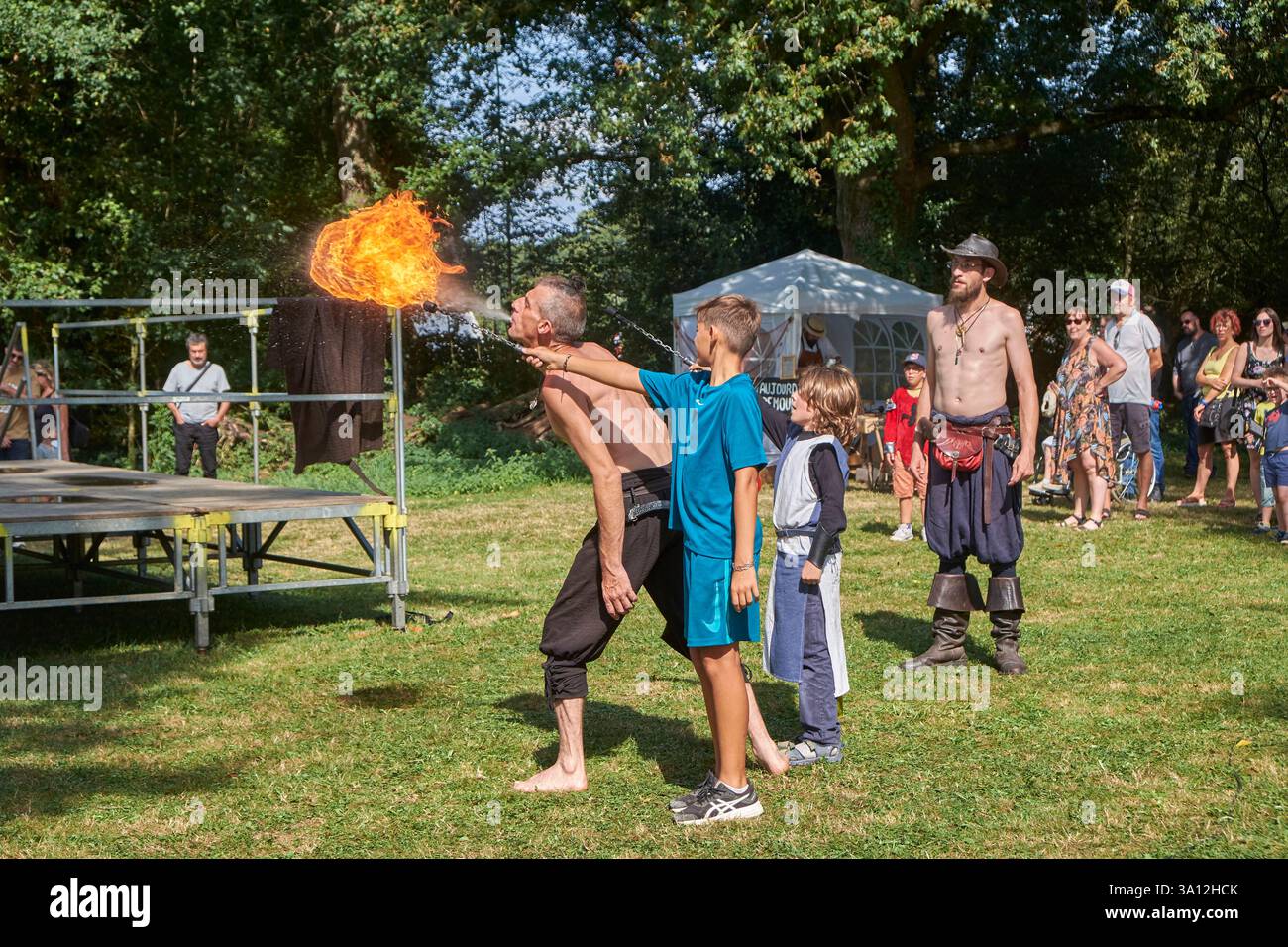 France, Morbihan, Malestroit, Medieval festival on the dike, a fire ...