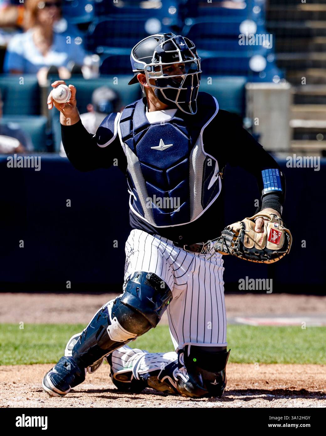 New York Yankees catcher JC Escarra throwing back the ball to the ...