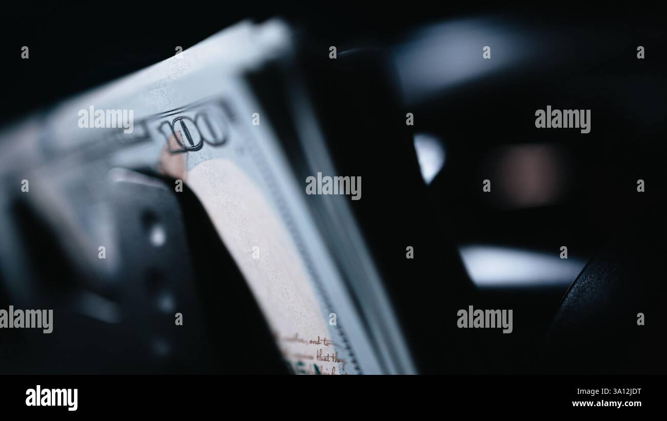 Money counting machine bank machine close up. Macro view counter ...