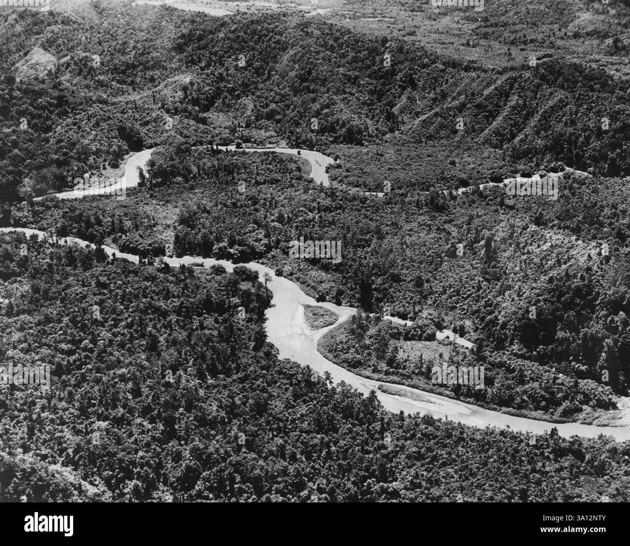 Aerial view of the winding, twisting, Francisco River as it approaches ...