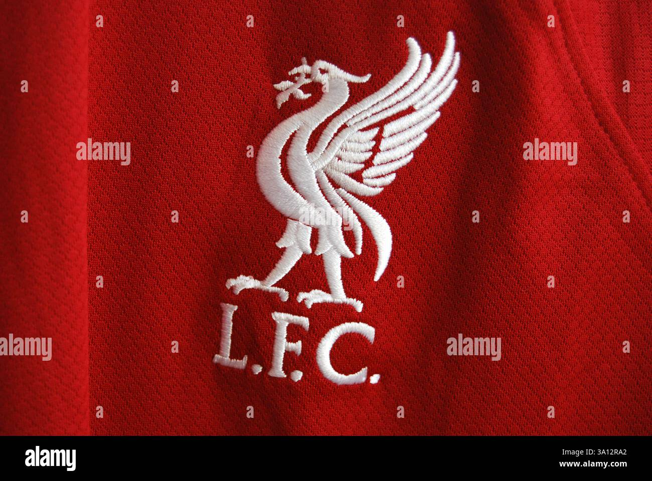 Close up photo of Liverpool FC club badge on the home shirt Stock Photo ...