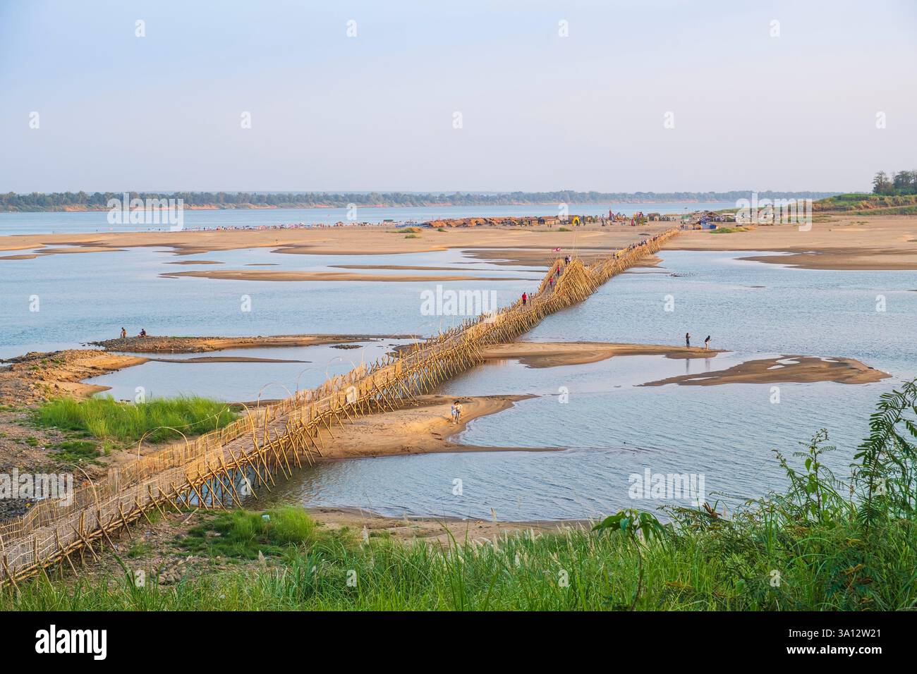 Cambodia, Kampong Cham, bamboo bridge almost one km long connecting the ...