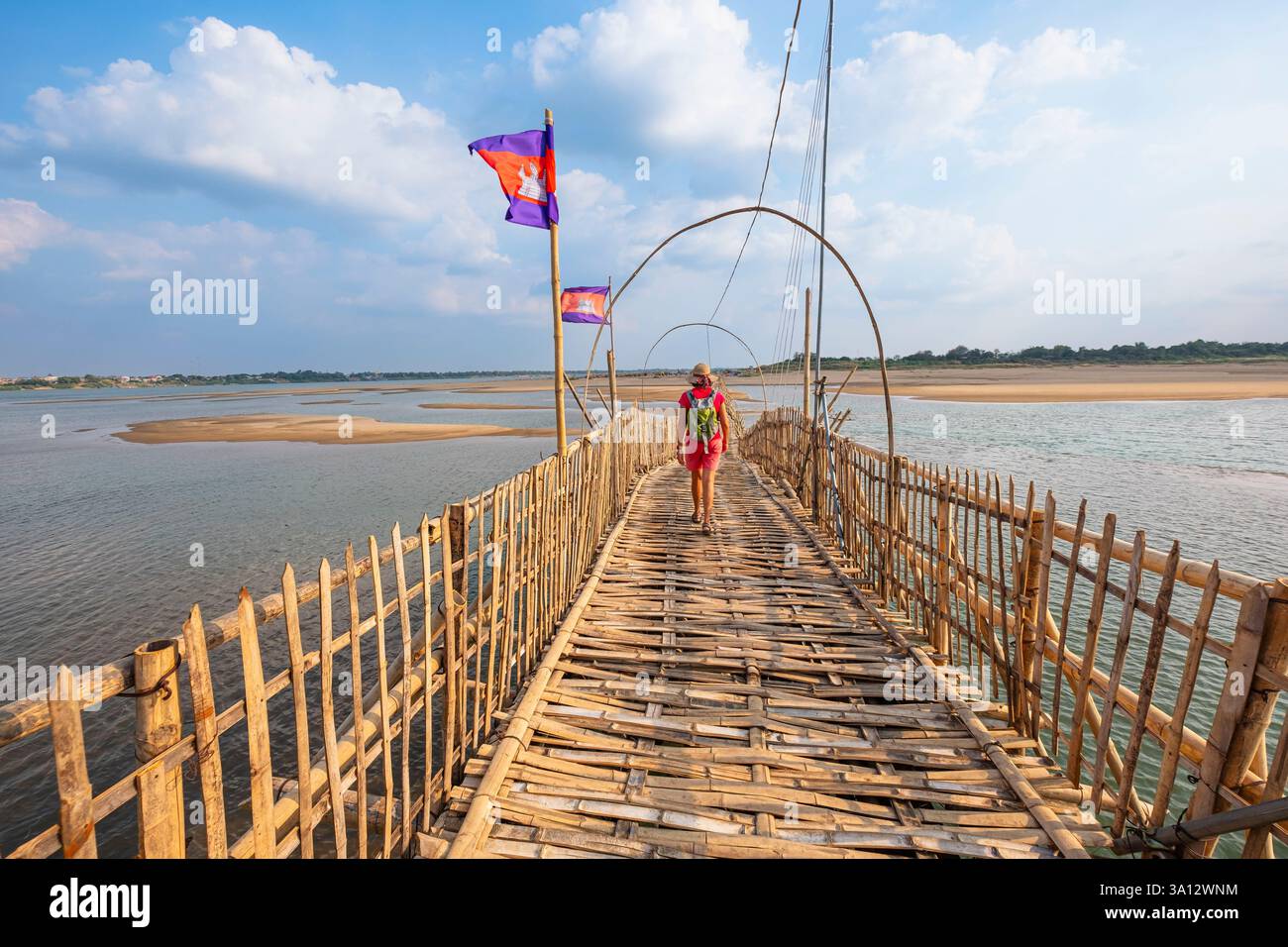 Cambodia, Kampong Cham, bamboo bridge almost one km long connecting the ...